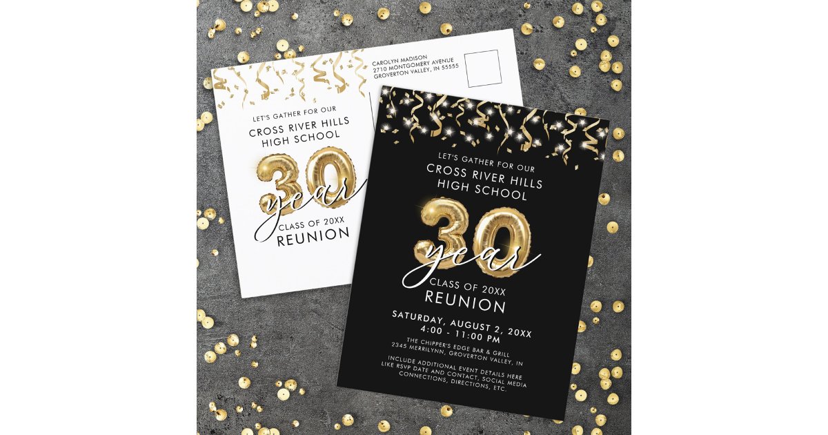 Class Reunion 30 Year Black Gold Balloons Invite | Zazzle