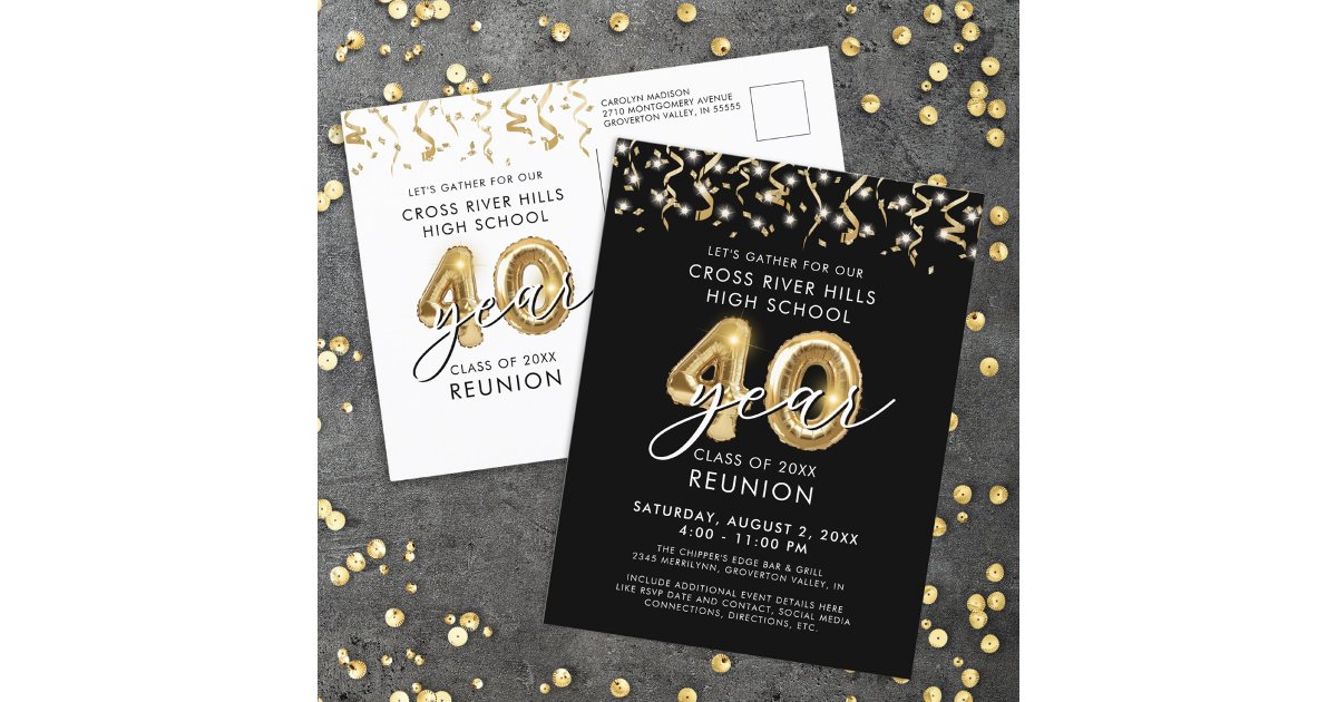 Class Reunion 40 Year Black Gold Balloons Invite | Zazzle