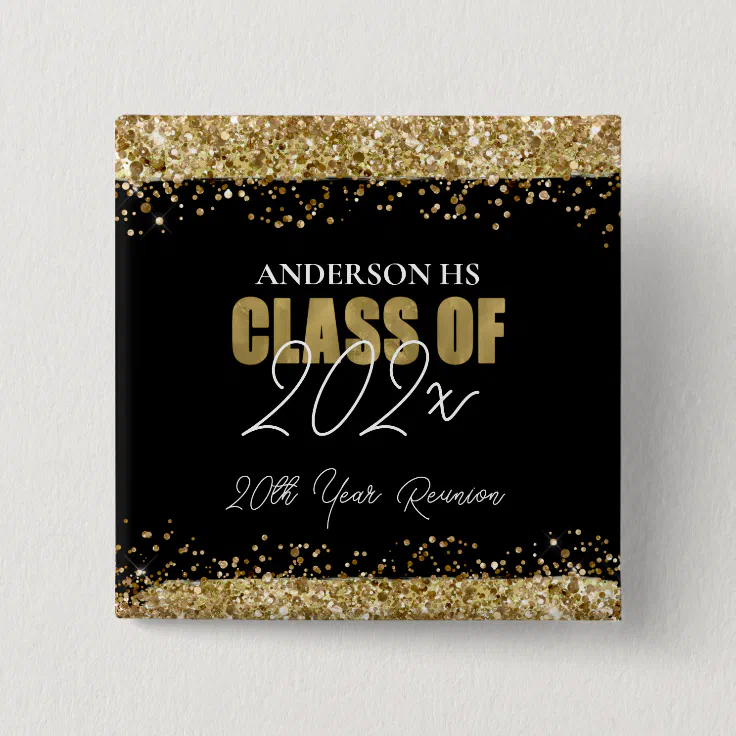 Class Reunion Black and Gold Glitter Button | Zazzle