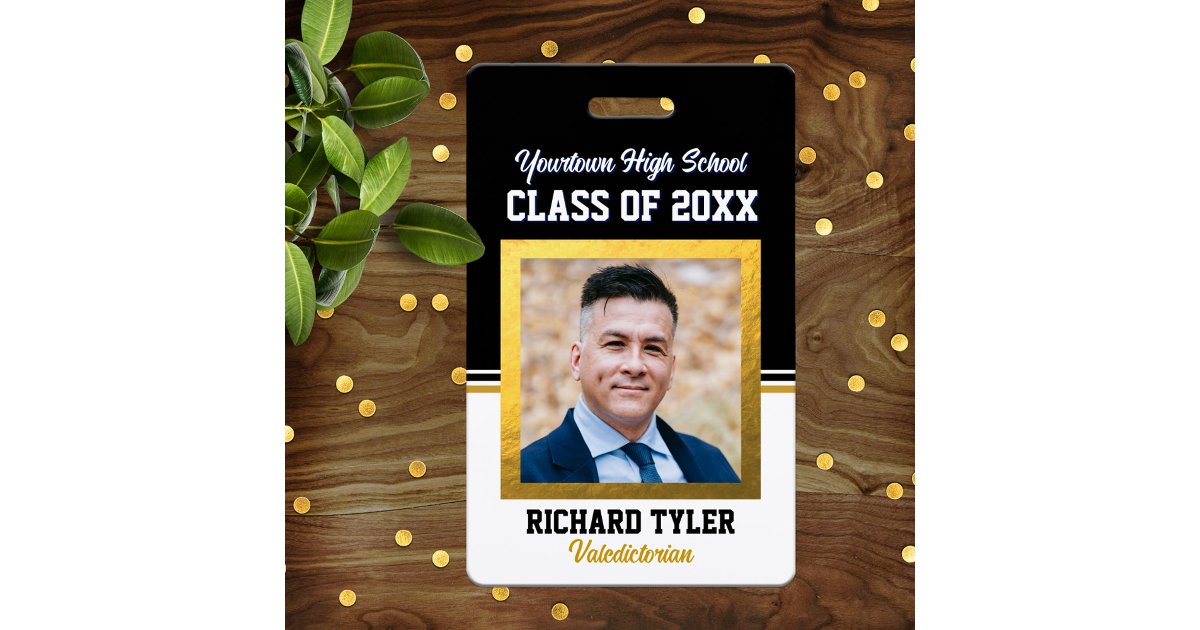 Class Reunion Black and Gold Photo ID Badge | Zazzle