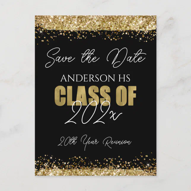 Class Reunion Black and Gold Save the Date Postcard | Zazzle