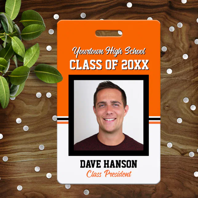 Class Reunion Black and Orange Photo ID Badge | Zazzle