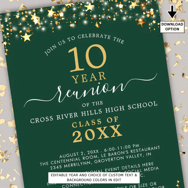 Class Reunion Green Gold Stars Lights Any Year Invitation | Zazzle