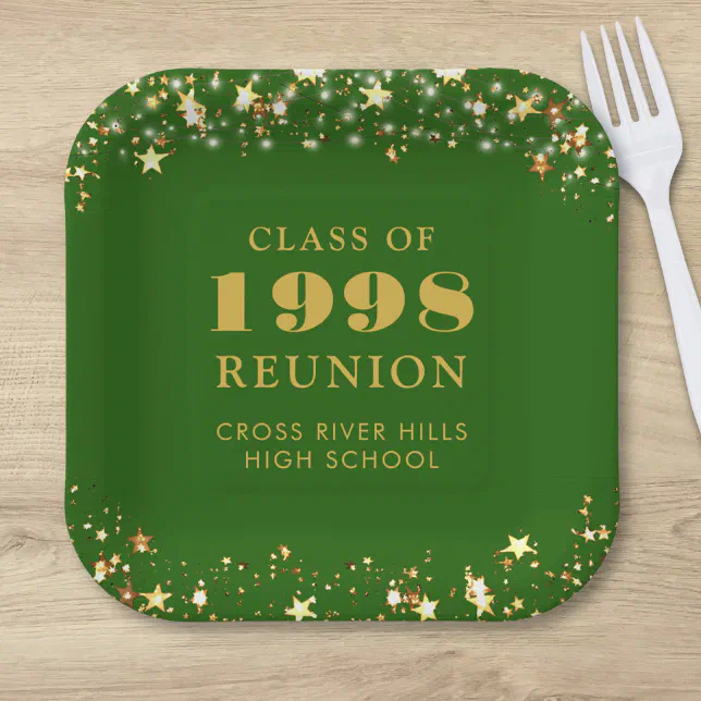 Class Reunion Green Gold Stars Personalized Paper Plates | Zazzle