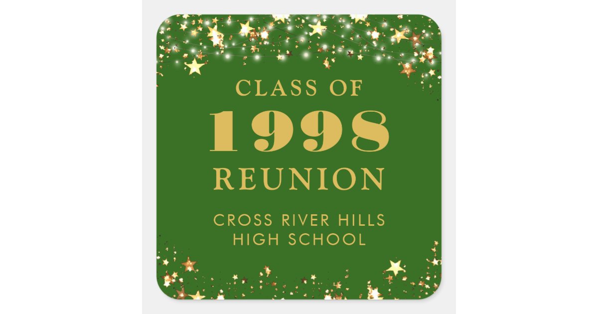 Class Reunion Green Gold Stars Personalized Square Sticker | Zazzle