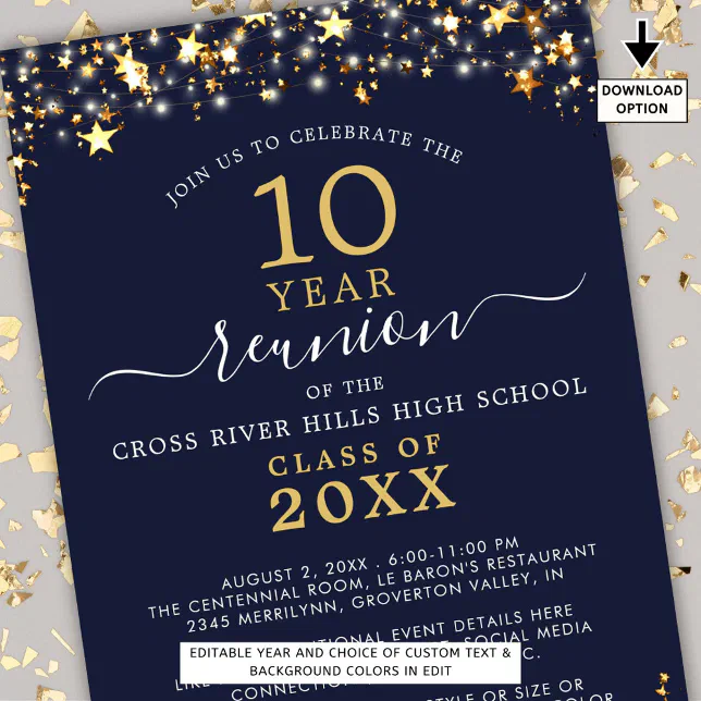 Class Reunion Navy Blue Gold Stars Lights Any Year Invitation | Zazzle