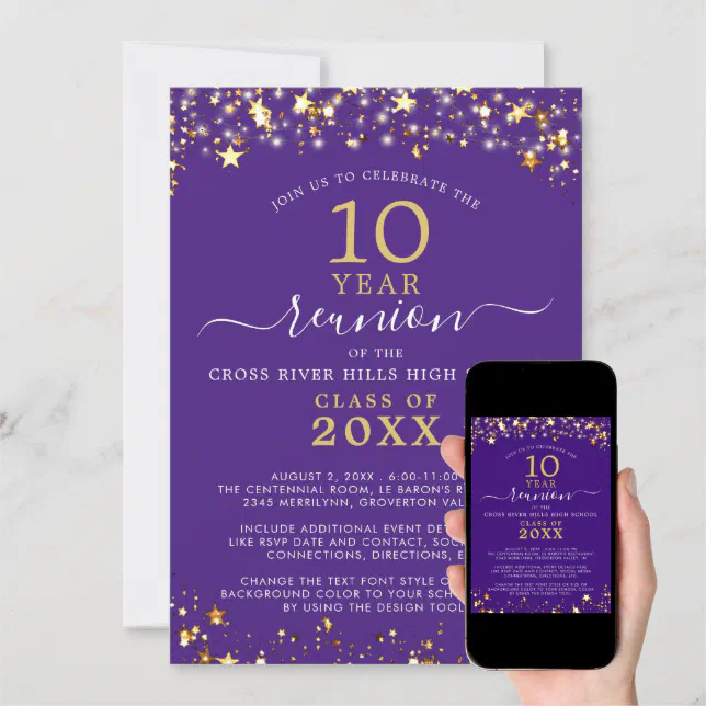 Class Reunion Purple Gold Stars Lights Any Year Invitation | Zazzle