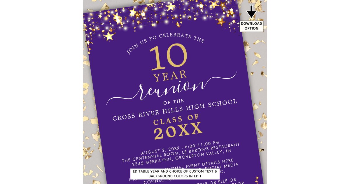 Class Reunion Purple Gold Stars Lights Any Year Invitation | Zazzle