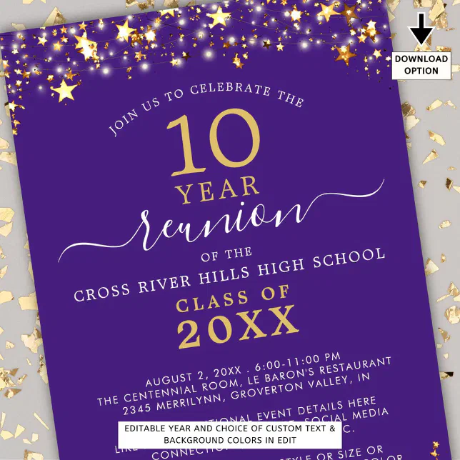 Class Reunion Purple Gold Stars Lights Any Year Invitation | Zazzle