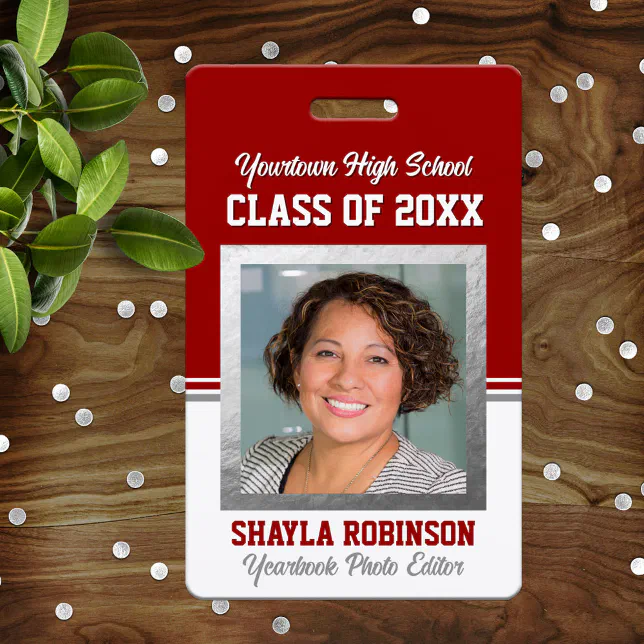 Class Reunion Red and White Photo ID Badge | Zazzle