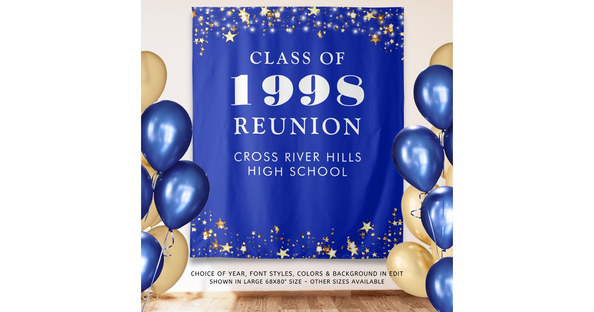 Class Reunion Royal Blue Gold Stars Backdrop | Zazzle
