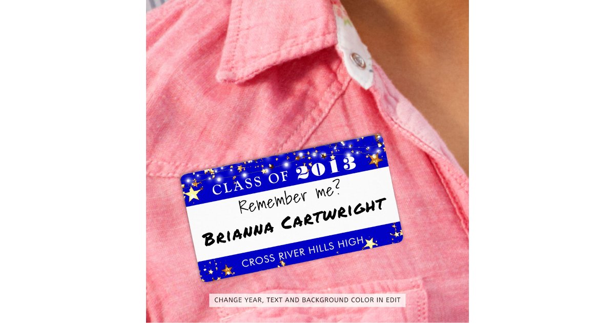 Class Reunion Royal Blue Gold Stars Name Tag | Zazzle