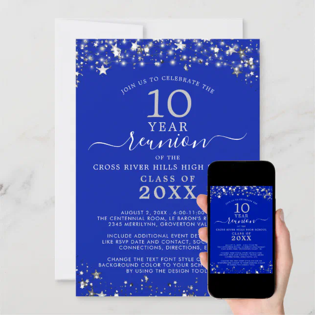 Class Reunion Royal Blue Silver Stars Any Year Invitation | Zazzle