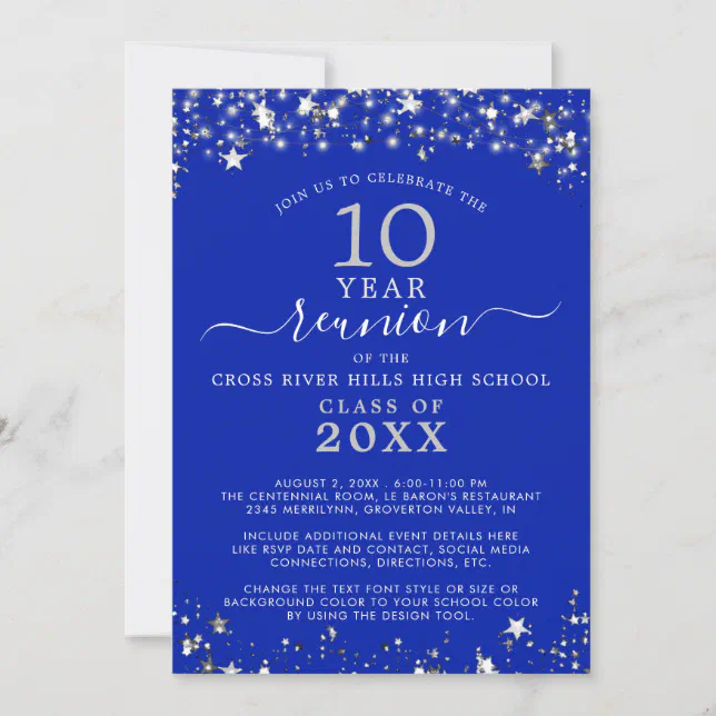 Class Reunion Royal Blue Silver Stars Any Year Invitation | Zazzle