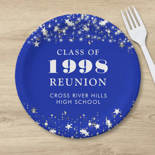 Class Reunion Royal Blue Silver Stars Personalized Paper Plates | Zazzle