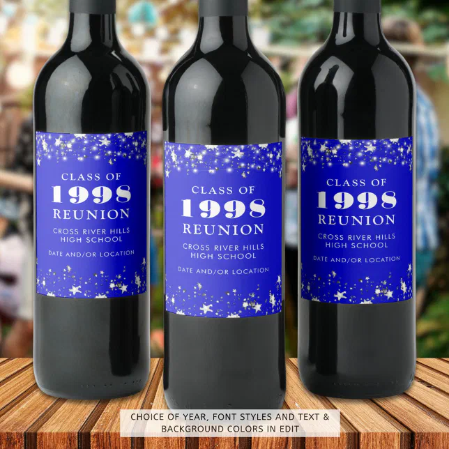 Class Reunion Royal Blue Stars Personalized Wine Label | Zazzle