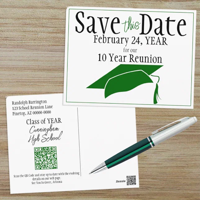 Class Reunion Save The Date Green Grad Cap QR Code Postcard | Zazzle