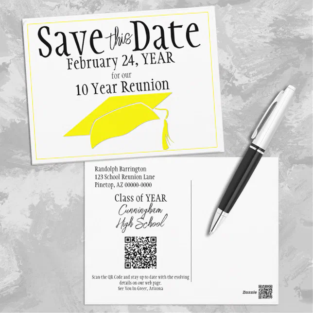 Class Reunion Save The Date Yellow Cap QR Code Postcard | Zazzle