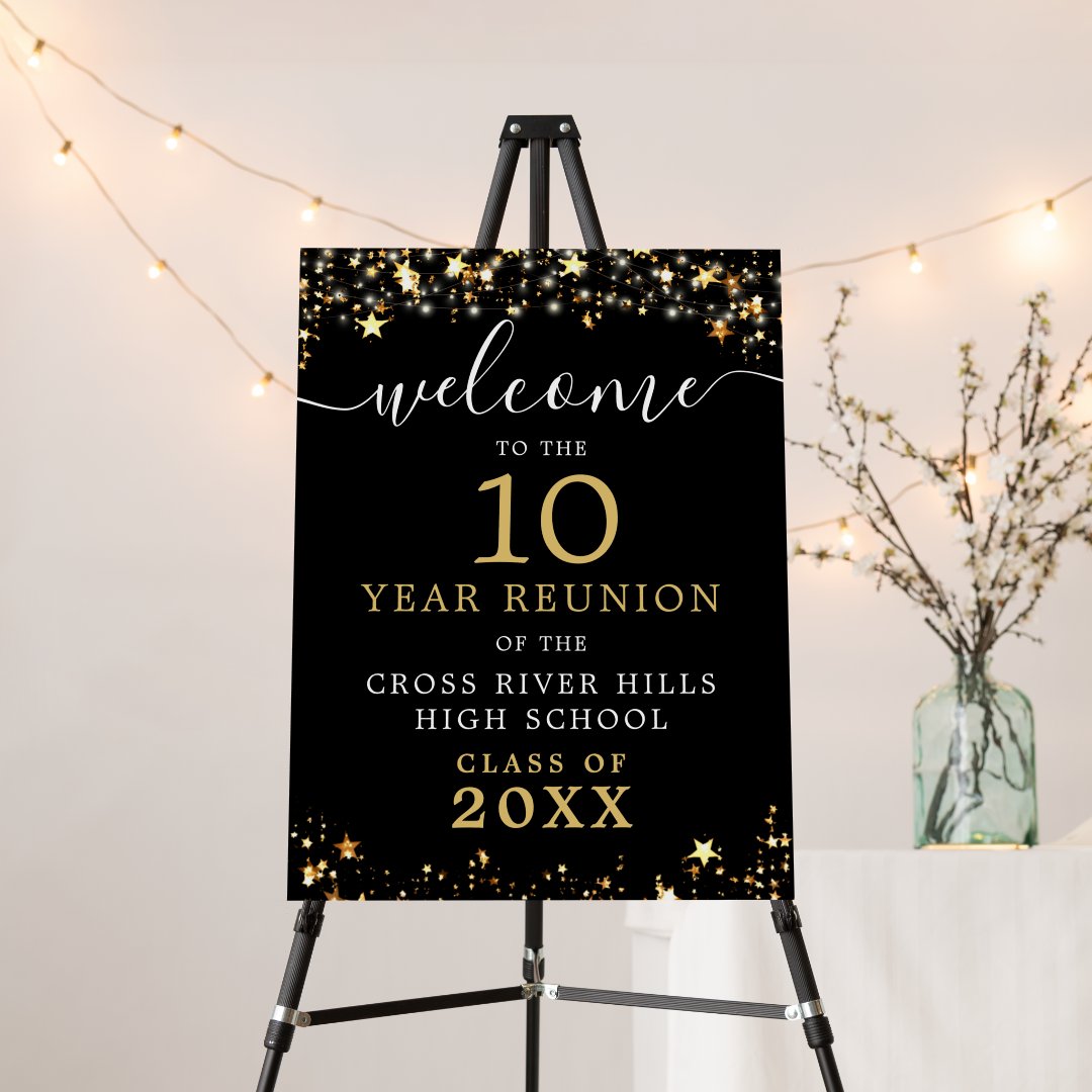 Class Reunion Welcome Black Gold Stars Script Foam Board | Zazzle