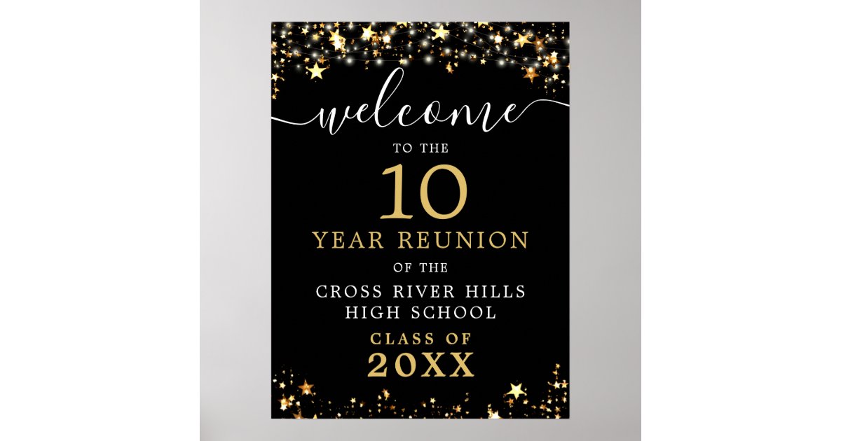 Class Reunion Welcome Black Gold Stars Script Poster | Zazzle