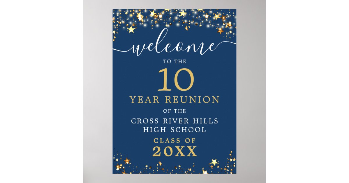 Class Reunion Welcome Blue Gold Stars Script Poster | Zazzle