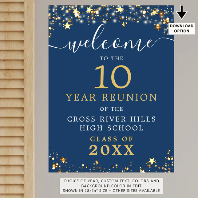 Class Reunion Welcome Blue Gold Stars Script Poster | Zazzle