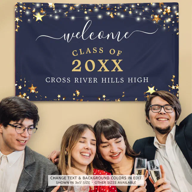 Class Reunion Welcome Navy Blue Gold Stars Banner | Zazzle