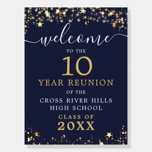 Class Reunion Welcome Navy Blue Gold Stars Script Foam Board | Zazzle