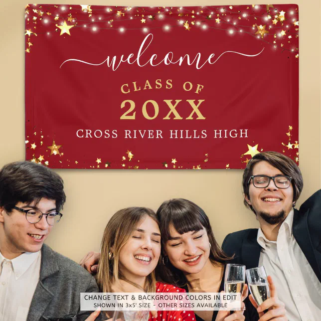 Class Reunion Welcome Red Gold Stars Lights Banner | Zazzle