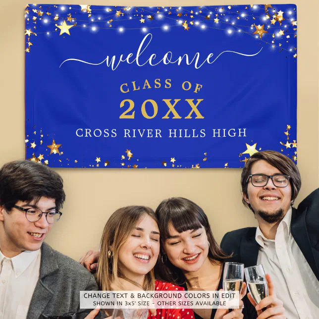 Class Reunion Welcome Royal Blue Gold Stars Banner | Zazzle