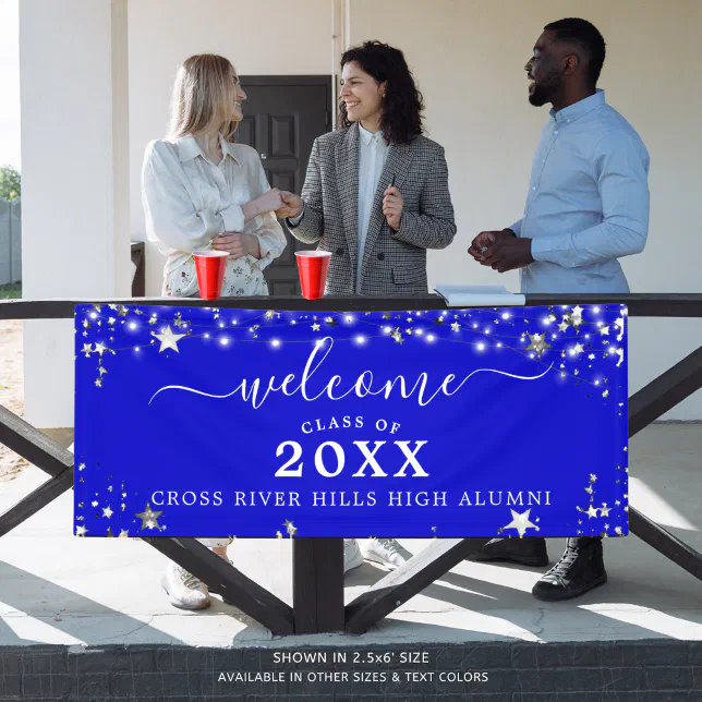 Class Reunion Welcome Royal Blue Silver Stars Banner | Zazzle
