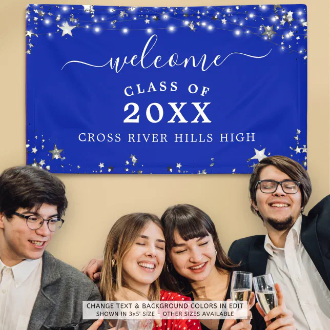 Class Reunion Welcome Royal Blue Stars Lights Banner | Zazzle