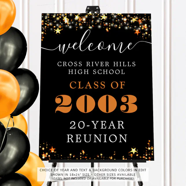 Class Reunion Year Welcome Black Orange Gold Stars Foam Board | Zazzle