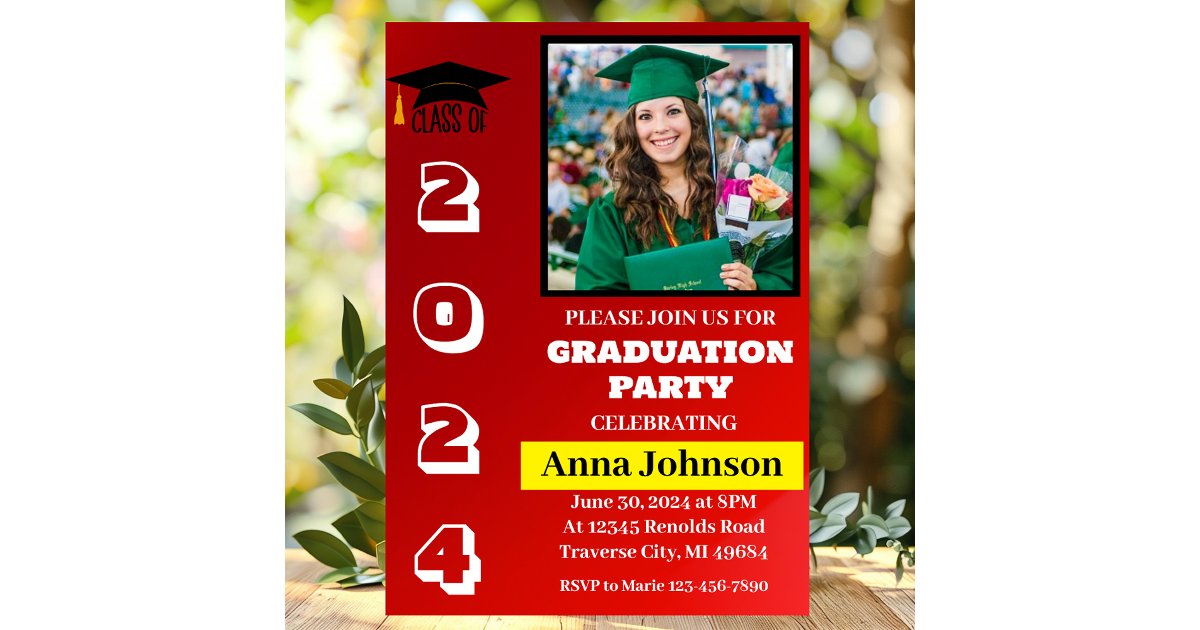 Class Year Red Graduation Party Invitation Card | Zazzle