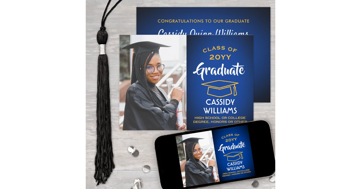 Class Year Royal Blue and Gold Graduation Photo Invitation | Zazzle