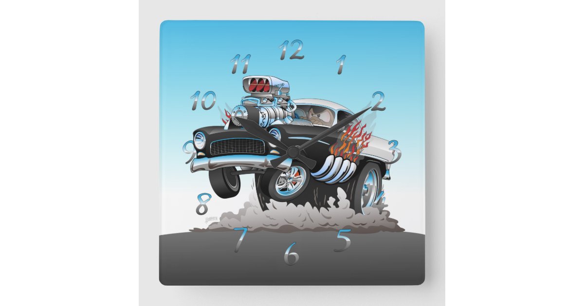 Classic 55 Hot Rod Gasser Cartoon Clock | Zazzle