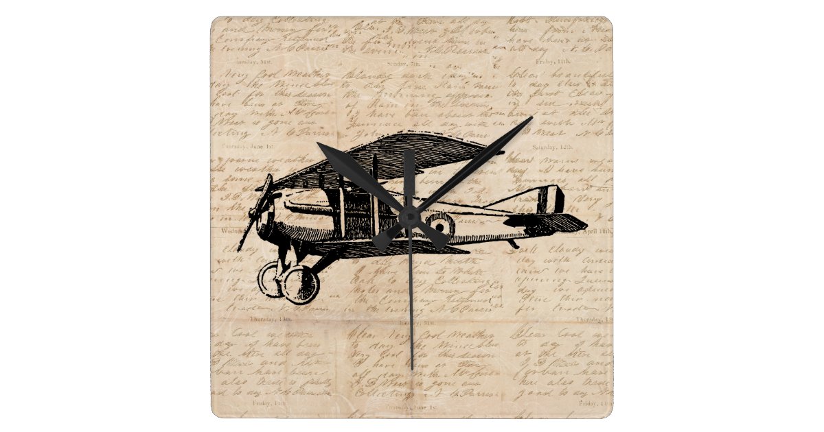 Classic Airplane Antique Aviation Art Script Paper Square Wall Clock ...