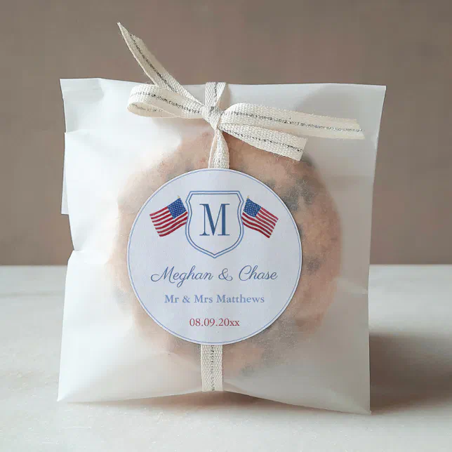 Classic American Flag Monogram Wedding Favor Classic Round Sticker | Zazzle