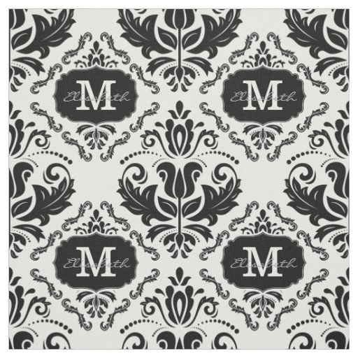Classic and Chic Black White Damask Monogram Name Fabric | Zazzle