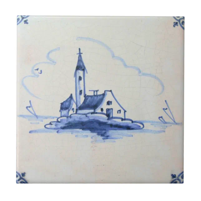 Classic Antiquarian Delft Blue Tile - Church | Zazzle