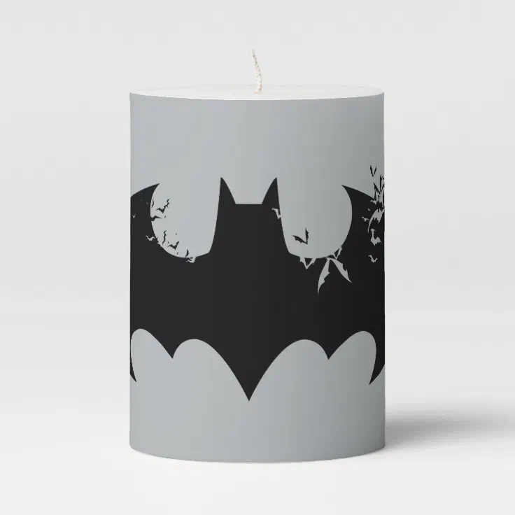 Classic Batman Logo Dissolving Into Bats Pillar Candle | Zazzle
