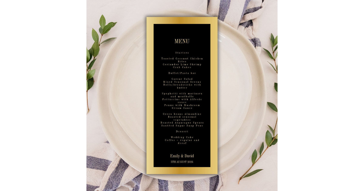 Classic Black and Golden Wedding Menu | Zazzle