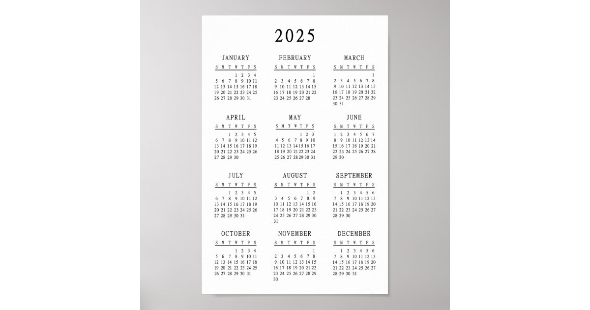Classic Black and White 2025 Simple Basic Calendar Poster | Zazzle