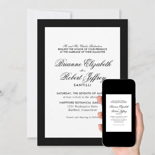 Classic Black and White Border Wedding Invitation | Zazzle