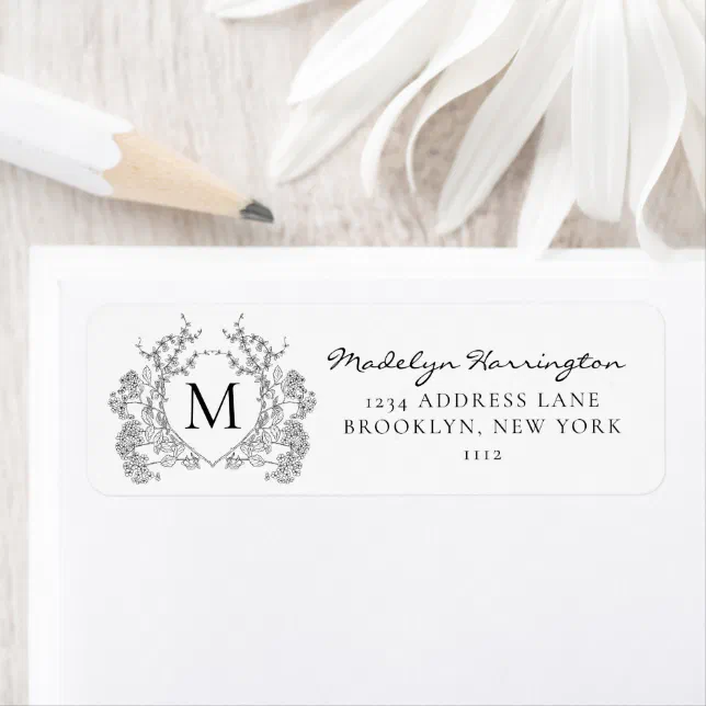 Classic Black and White Floral Crest Monogram Label | Zazzle