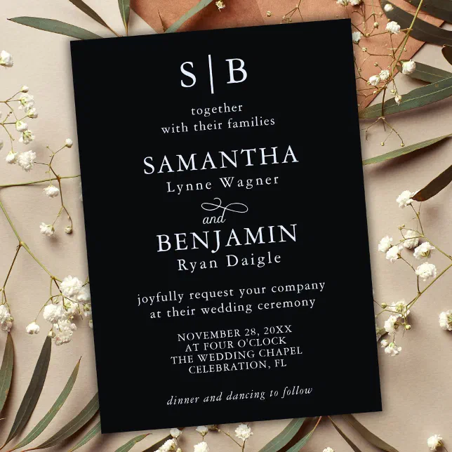 Classic Black and White Monogram Initials Wedding Invitation | Zazzle