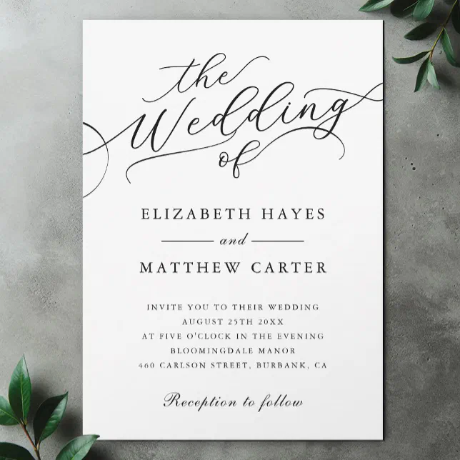 Classic Black and White Script Wedding Invitation | Zazzle