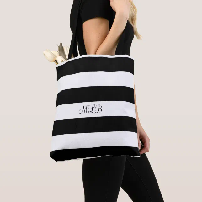 Classic Black and White Stripes Cursive Monogram Tote Bag | Zazzle