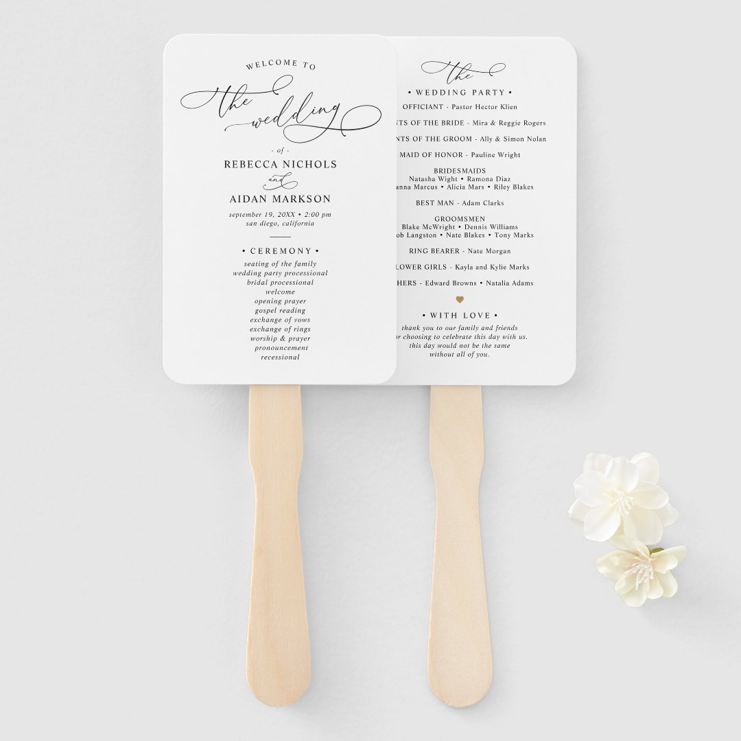 Classic Black and White Wedding Program Hand Fan | Zazzle