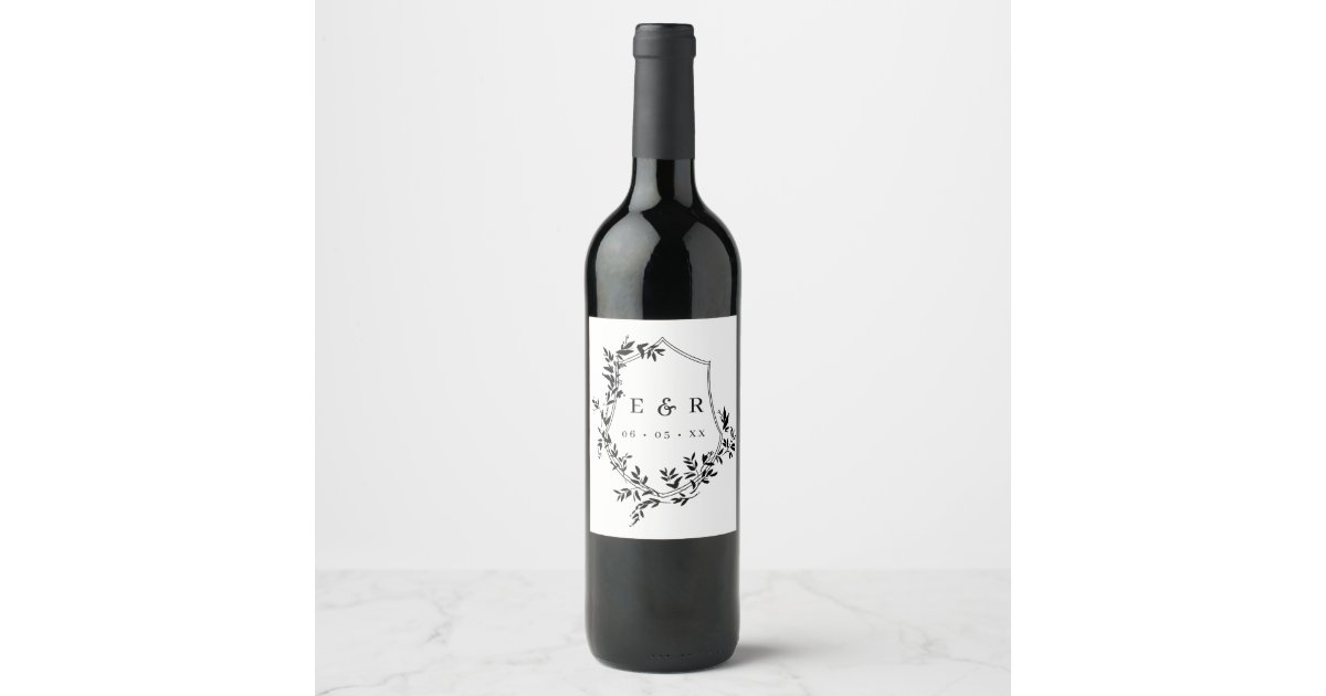 Classic Black Crest and Leaves Monogram Wine Label | Zazzle